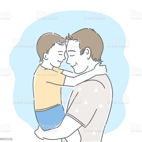 행복 한 가족입니다 웃는 아버지와 아이 손으로 그린 벡터 일러스트입니다 아버지에 대한 스톡 벡터 아트 및 기타 이미지 아버지