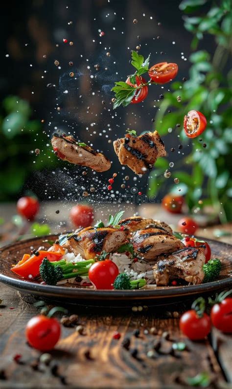 Grilled Chicken With Vegetables On Plate With Flying Ingredients