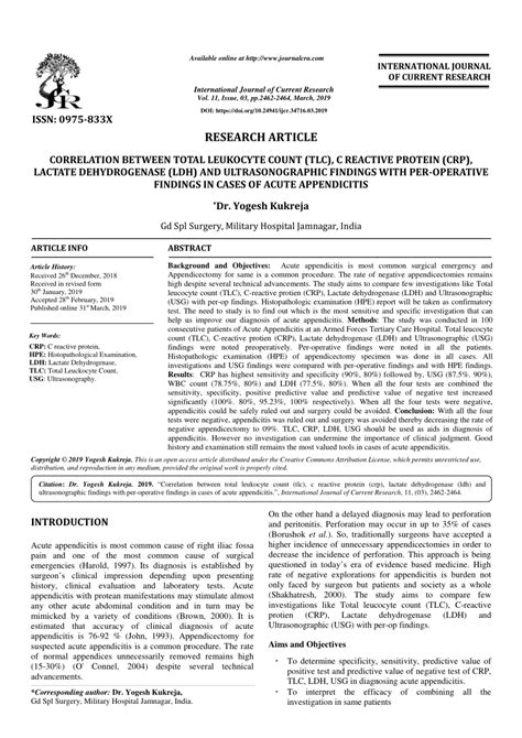 Pdf Correlation Between Total Leukocyte Count Tlc C Reactive