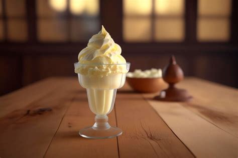 아이스크림 응접실 테이블의 유리 그릇에 담긴 고메 바닐라 아이스크림 Ai 생성 냉동 디저트 프리미엄 사진