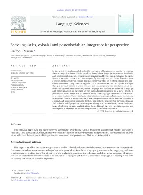 Pdf Integrationist Perspective On Language In Colonial Contexts