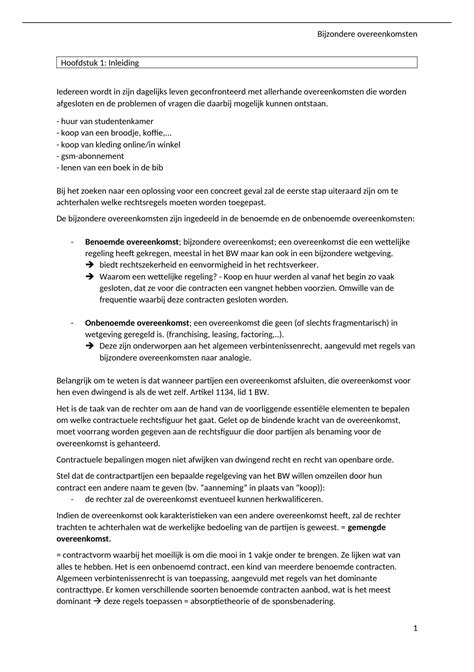 Samenvatting Bijzondere Overeenkomsten Bijzondere Overeenkomsten