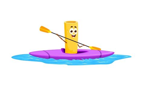 Cartoon Cannelloni Pasta Character Riding Kayak On Sea Water Vector