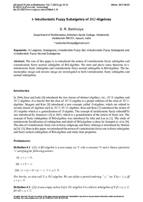 Pdf T Intuitionistic Fuzzy Subalgebra Of Bg Algebras