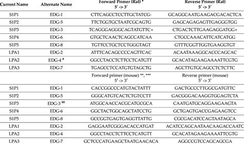 Primer Sequences For Rt Pcr Analysis Of Rat And Mouse S1p And Lpa Download Scientific Diagram