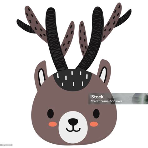 흰색 배경에 작은 귀여운 만화 사슴 얼굴 어린이 의류의 디자인을 위해 티셔츠 스티커 보육 장식에 인쇄하십시오 벡터 갈색에 대한 스톡 벡터 아트 및 기타 이미지 Istock