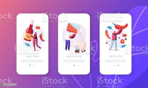 뜨거운 매운 음식 모바일 앱 페이지 온보드 화면 템플릿을 요리하는 사람들 작은 캐릭터는 붉은 칠리 페퍼 재료 멕시코 매운 요리와