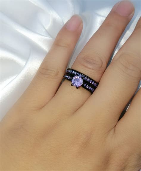Matching Rings Couple Rings Black Gold Plated 1ct Purple Cz Women