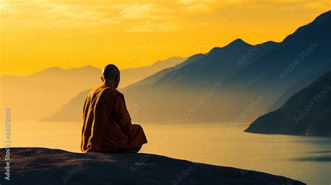 Buddhist Monk In Meditation Beside The River With Beautiful Nature