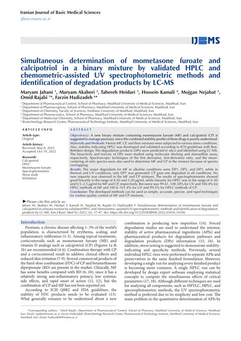 Pdf Simultaneous Determination Of Mometasone Furoate And Calcipotriol In A Binary Mixture By