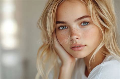 Portrait Of A Beautiful Young Girl With Long Blond Hair And Freckles