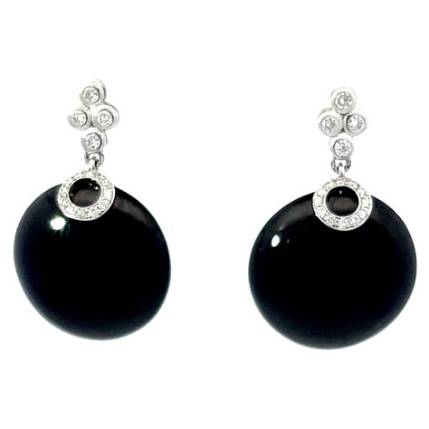 Bulgari Intarsio 18k White Gold Onyx Diamond Pendant Earrings For Sale