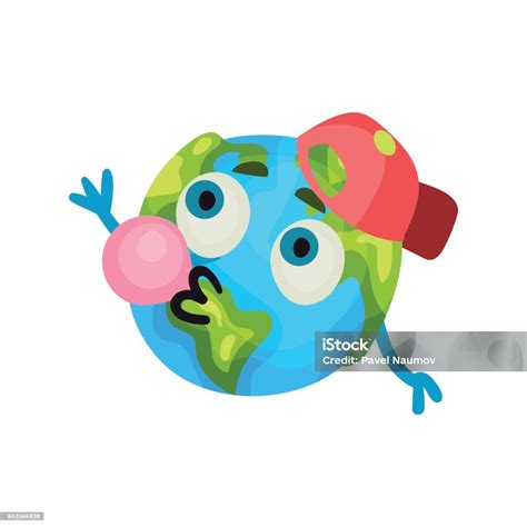 귀여운 만화 재미 지구 행성 Emoji 입고 빨간 모자 부 풍선껌 인간 답게 세계 문자 감정 다채로운 벡터 일러스트 레이 션 귀여운에 대한 스톡 벡터 아트 및 기타 이미지