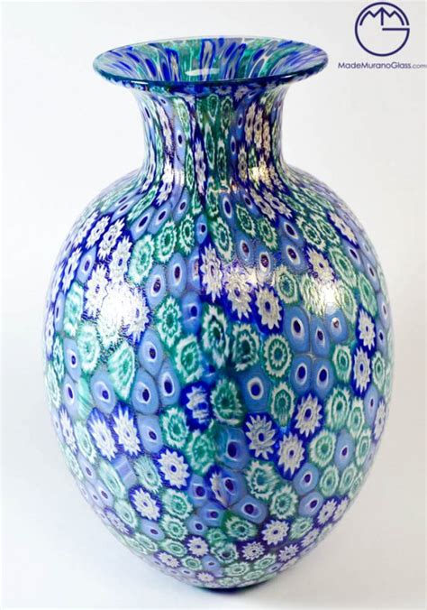 Oval Venetian Glass Vase With Murrina And Gold Leaf 24 Carats Murano