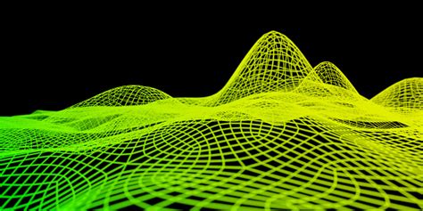 데이터 기술 추상 미래 녹색과 노란색 낮은 폴리 모양 어두운 배경에 와이어 메쉬 표면을 빛나는 3d 렌더링 3d 일러스트 렌더링 렌더링 0명에 대한 스톡 사진 및 기타
