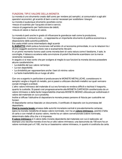 La Moneta Valore E Funzioni Appunti Di Diritto Ed Economia Per L