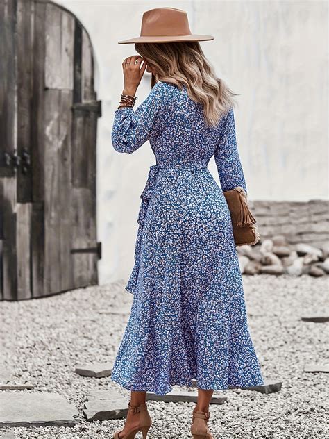 Ditsy Floral Print Wrap Dress Boho V Neck Long Sleeve Ruffle Trim