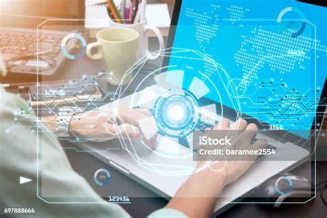 비즈니스 손을 화면에 미래 기술 사이버 Inerface와 컴퓨터 키보드에 입력 테크놀로지에 대한 스톡 사진 및 기타 이미지 테크놀로지 혁신 개념 가상현실 Istock