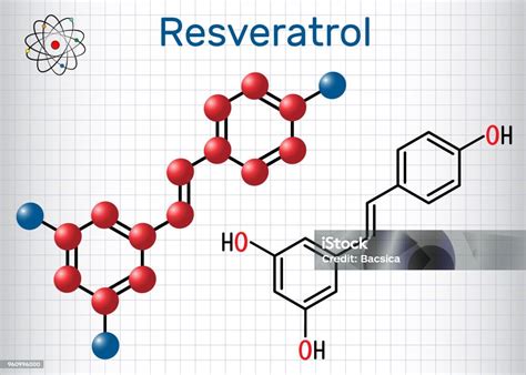 Resveratrol의 분자 그것은 천연 페 놀 파이토알렉신 항 산화입니다 구조 화학 공식 및 분자 모델입니다 종이 한 장에 레스베라트롤에 대한 스톡 벡터 아트 및 기타
