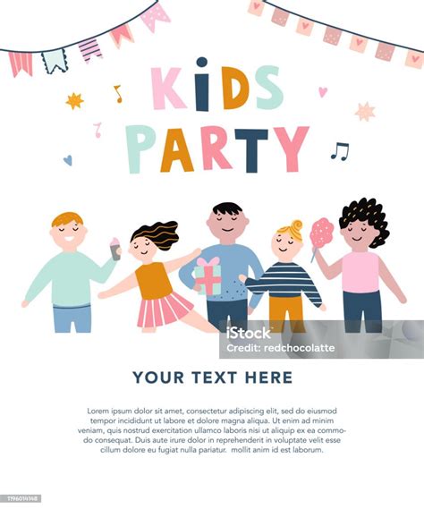 아이 파티 벡터 템플릿입니다 어린이 생일 축 하 컨셉입니다 다문화 사람들 소녀와 소년 재미있는 일러스트 카드 이벤트에 대한 스톡 벡터 아트 및 기타 이미지 Istock
