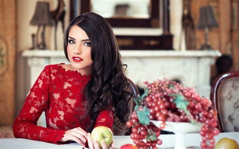 Fondos De Pantalla Mujer Modelo Rojo Vestir Manzanas Belleza
