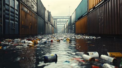 Polluted Urban Waterway With Overflowing Trash And Industrial Containers Stock Illustration