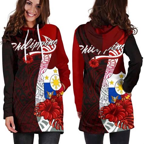 Philippines Polynesian Hoodie Dress Coat Of Arm With Hibiscus