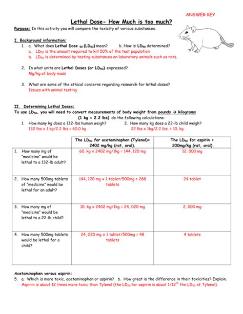 Lethal Dose And Toxicity Worksheet Answer Key