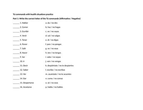 Tú Commands With Health Situations Practice Teaching Resources