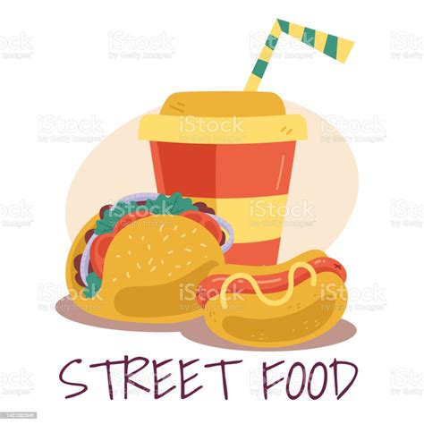 패스트 스트리트 푸드 개념 벡터 플랫 만화 그래픽 디자인 일러스트 레이 션 감자 칩에 대한 스톡 벡터 아트 및 기타 이미지 감자 칩 거리 건강에 좋지 않은 음식