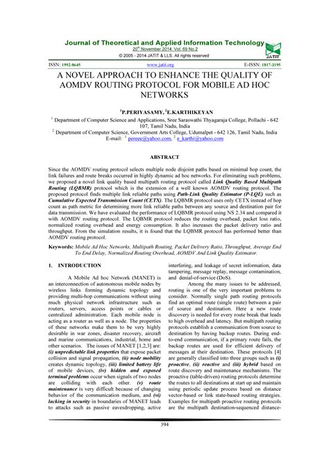 Pdf A Novel Approach To Enhance The Quality Of Aomdv Routing Protocol For Mobile Ad Hoc Networks