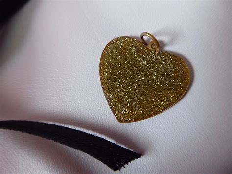 Vintage Heart Pendant Cast Resin Golden Sequin Year 70 Valentines