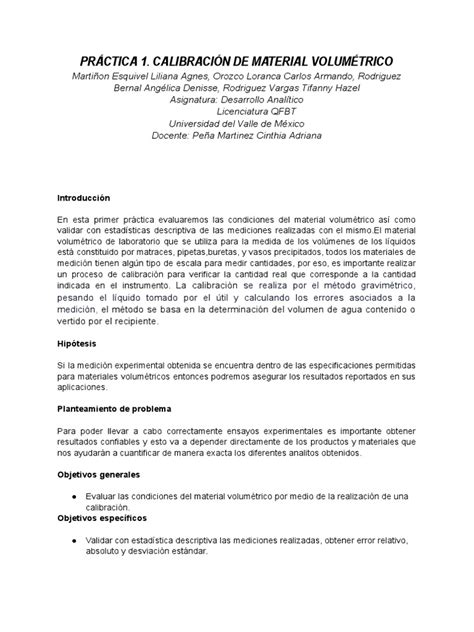 PrÁctica 1 Calibración De Material Volumétrico Pdf Calibración