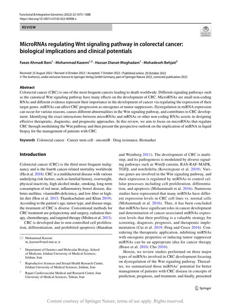 MicroRNAs Regulating Wnt Signaling Pathway In Colorectal Cancer