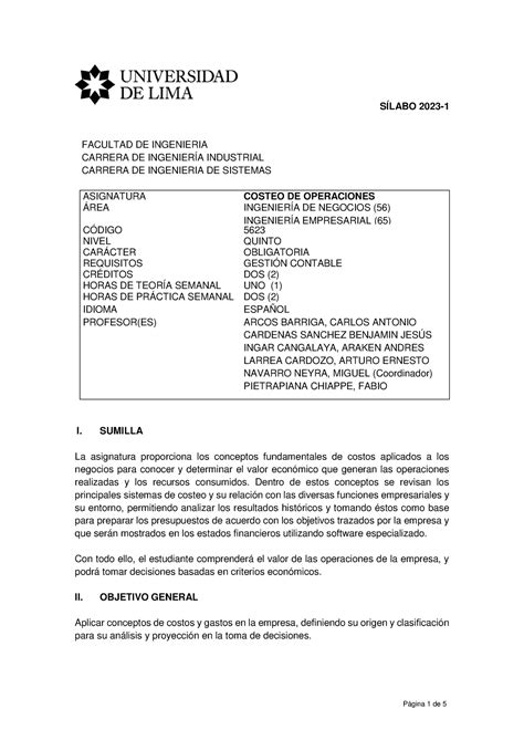 2023 1 Sil Costeo De Operaciones SÍlabo 2023 1 Facultad De