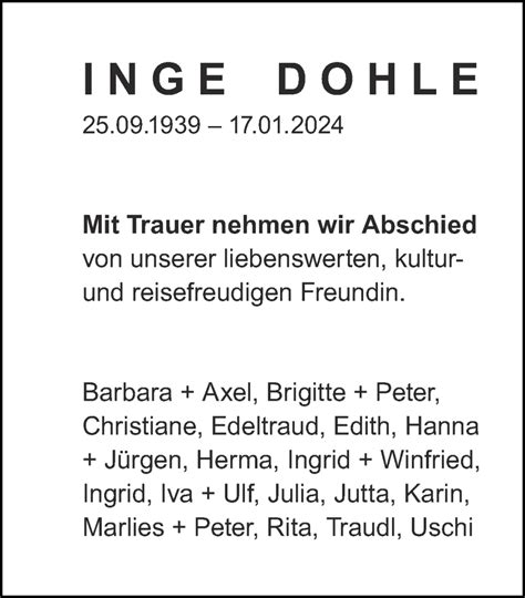 Traueranzeigen Von Inge Dohle Aachen Gedenkt