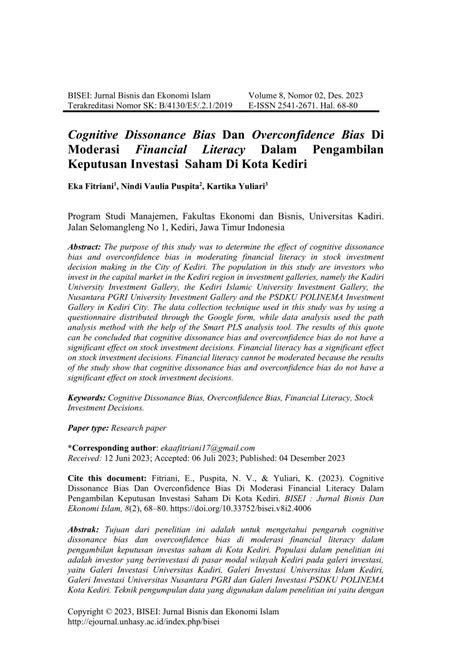 Pdf Cognitive Dissonance Bias Dan Overconfidence Bias Di Moderasi Financial Literacy Dalam
