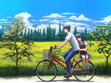 Download Romantic Anime Couples Riding Bicycle Wallpaper