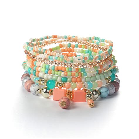 8pcs Set Bohemian Style Multi Layer Bracelet Handmade Elastic Rope