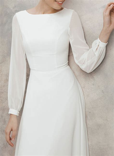 A Line Scoop Neck Long Sleeves Chiffon Ankle Length Wedding Dress With