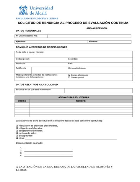 solicitud de renuncia al proceso de evaluación continua