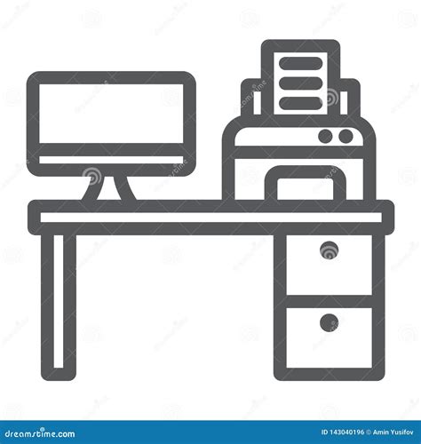 Computer Desk Line Icon Office And Table Workplace Sign Vector