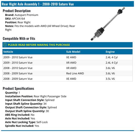 2008 2010 Saturn Vue Axle Assembly Autopart Premium Apcva164 Rear Right