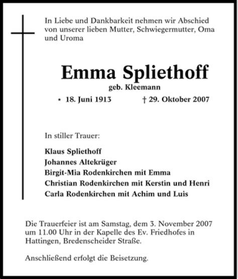 Traueranzeigen Von Emma Spliethoff Trauer In Nrwde