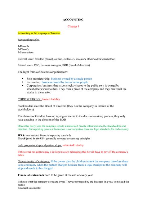 Chap 1 Lecture Notes Financial Accounting Accounting Chapter 1 Accounting Is The Language Of
