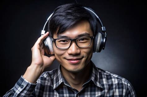 Handsome Asian Man In Glasses Enjoys Listening To Music Premium Ai