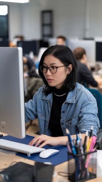 Female Asian Game Designer Using Desktop Computer Designing Unique World And Characters In 3d