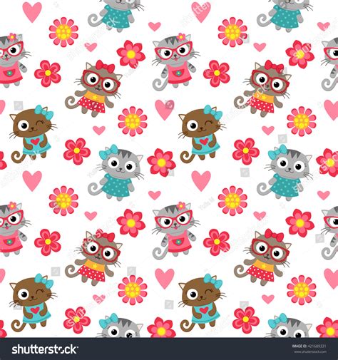 Seamless Pattern Cute Cartoon Cats Vector Stock Vector Royalty Free