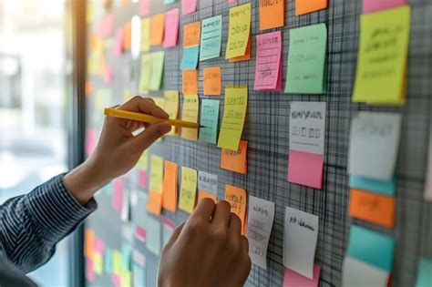 Team Member Organizing Sticky Notes And Project Timelines On Kanban Board For Workflow