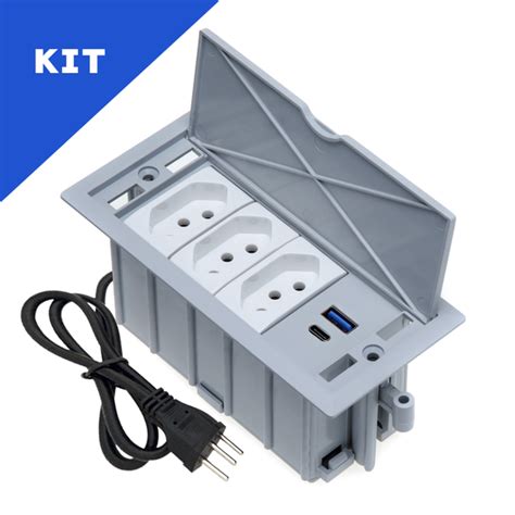 Kit 2 Caixas De Tomadas 4 Blocos 3 Tomadas 10a 2usb 1 Tipo C Cinza